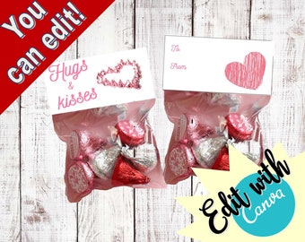 Hugs & Kisses Valentine Treat Bag Toppers, Valentine Favors, Valentine ...