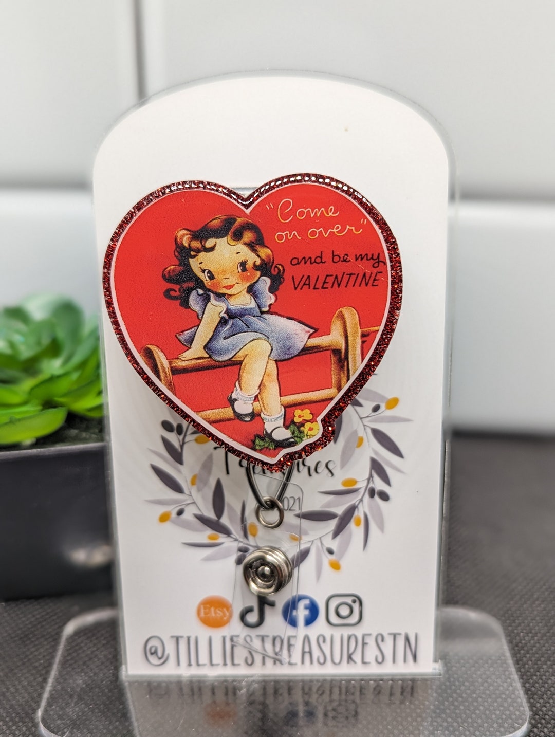 Vintage Valentine's Day Badge Reel: Brunette Girl, Heart Topper - Etsy