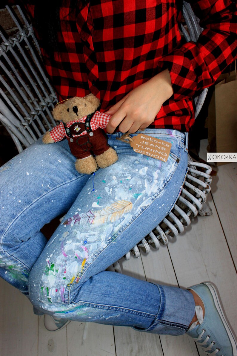 Paint splatter jeans Hand painted denim Blots on jeans Spray | Etsy