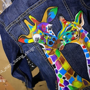 Animal Portrait Giraffe Family Personal Portrait Handpainted Denim ...