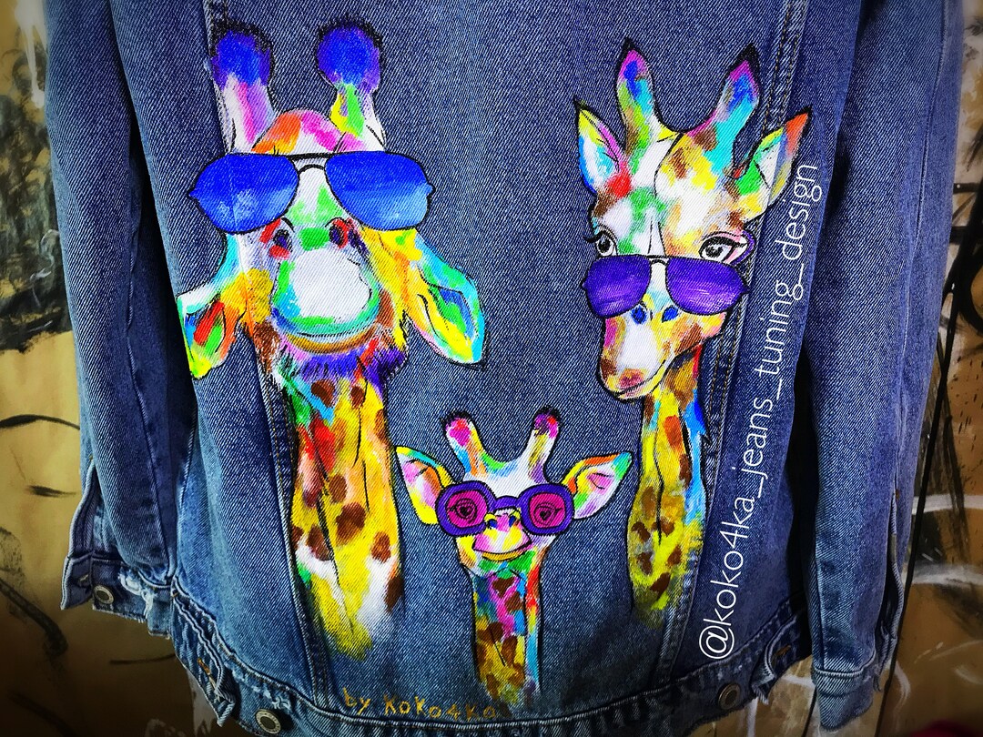 Animal Portrait Giraffe Family Personal Portrait Handpainted Denim ...