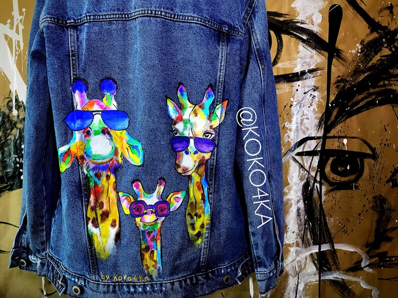 Animal Portrait Giraffe Family Personal Portrait Handpainted Denim ...