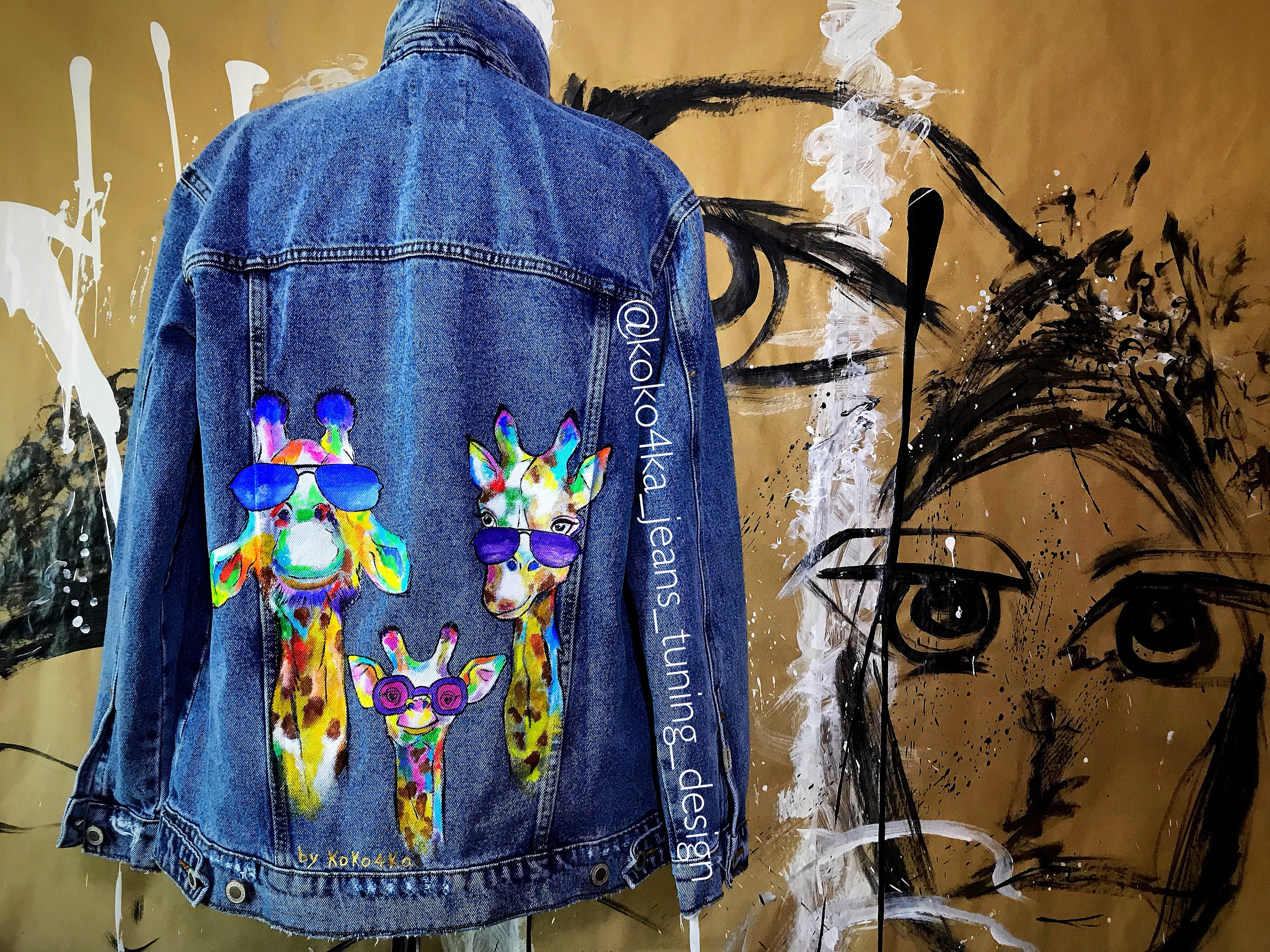 Animal Portrait Giraffe Family Personal Portrait Handpainted Denim ...