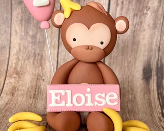 Fondant Monkey Cake Topper With Ballon and Name Plaque. Suits Safari Jungle Theme Xx Wild One ...
