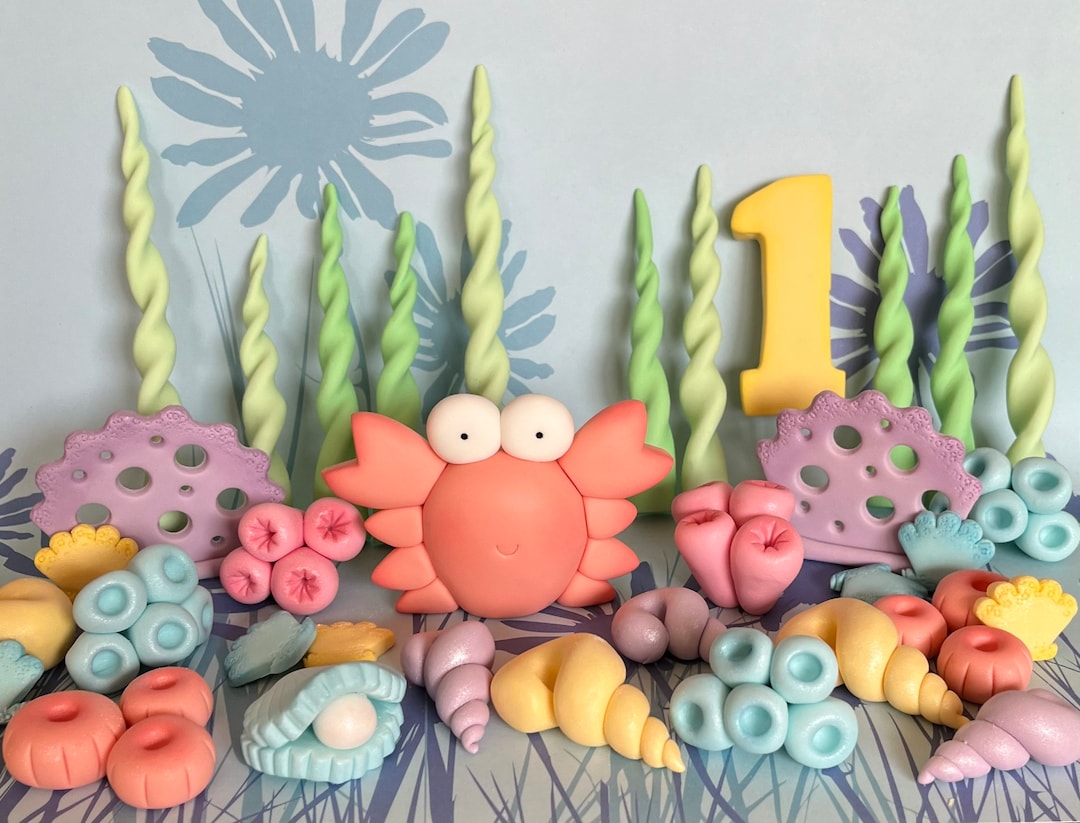 Fondant Sea Creature Cake Toppers. Clam Shells, Seaweed, Crab. Birthday ...