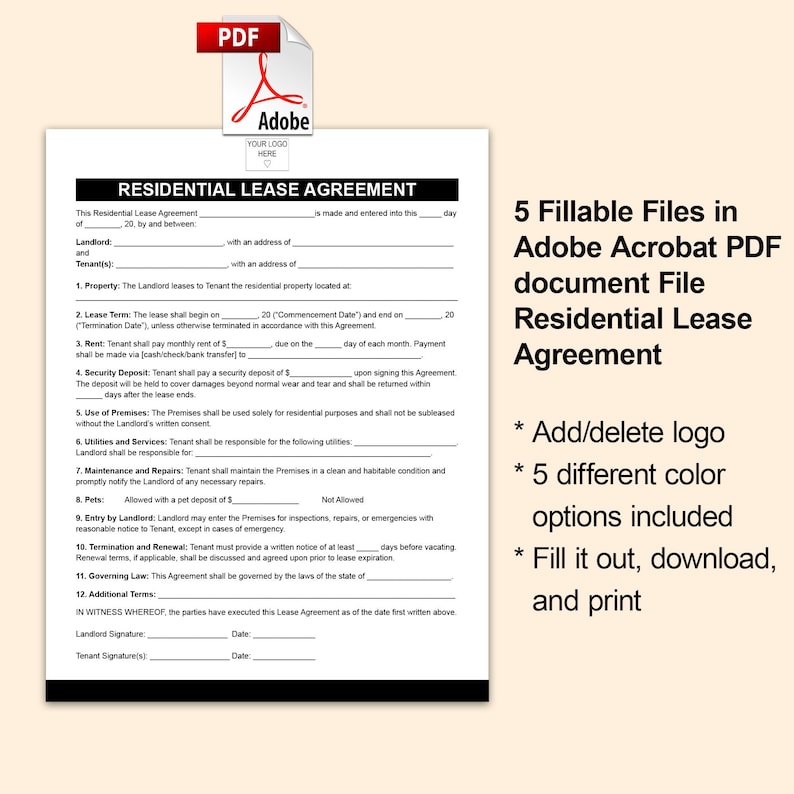 5 Residential Lease Agreement Templates, PDF Acrobat Document, Digital ...