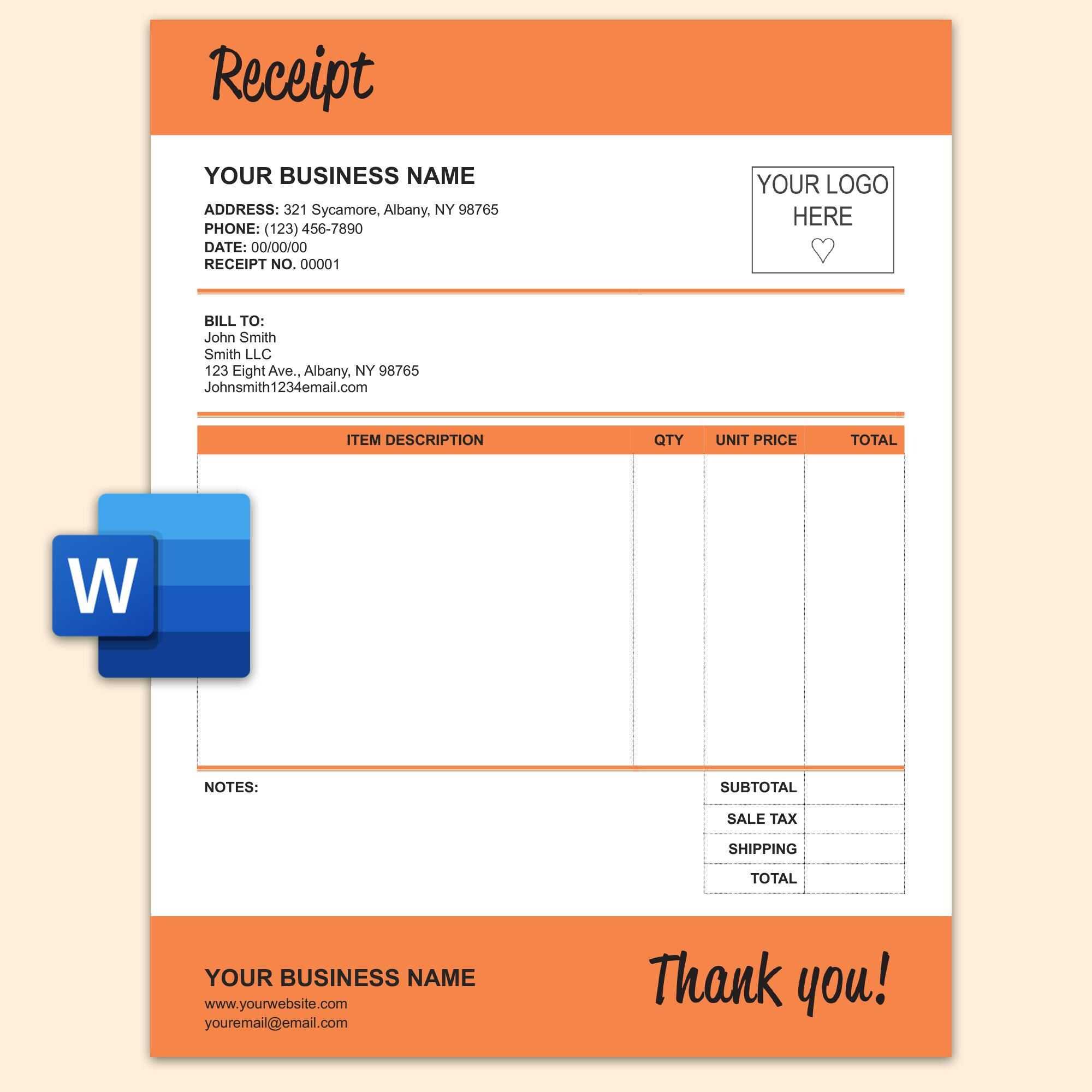 Receipts Template Word Document, Business Receipt, Custom Receipt ...