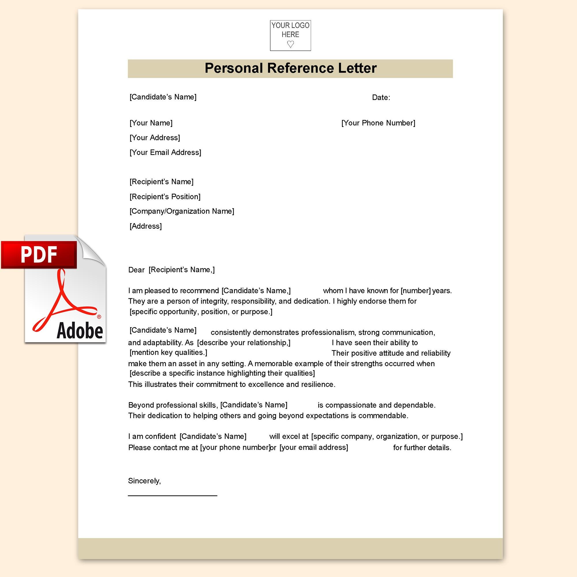 5 Personal Reference Letter Templates PDF Acrobat Document, Digital ...