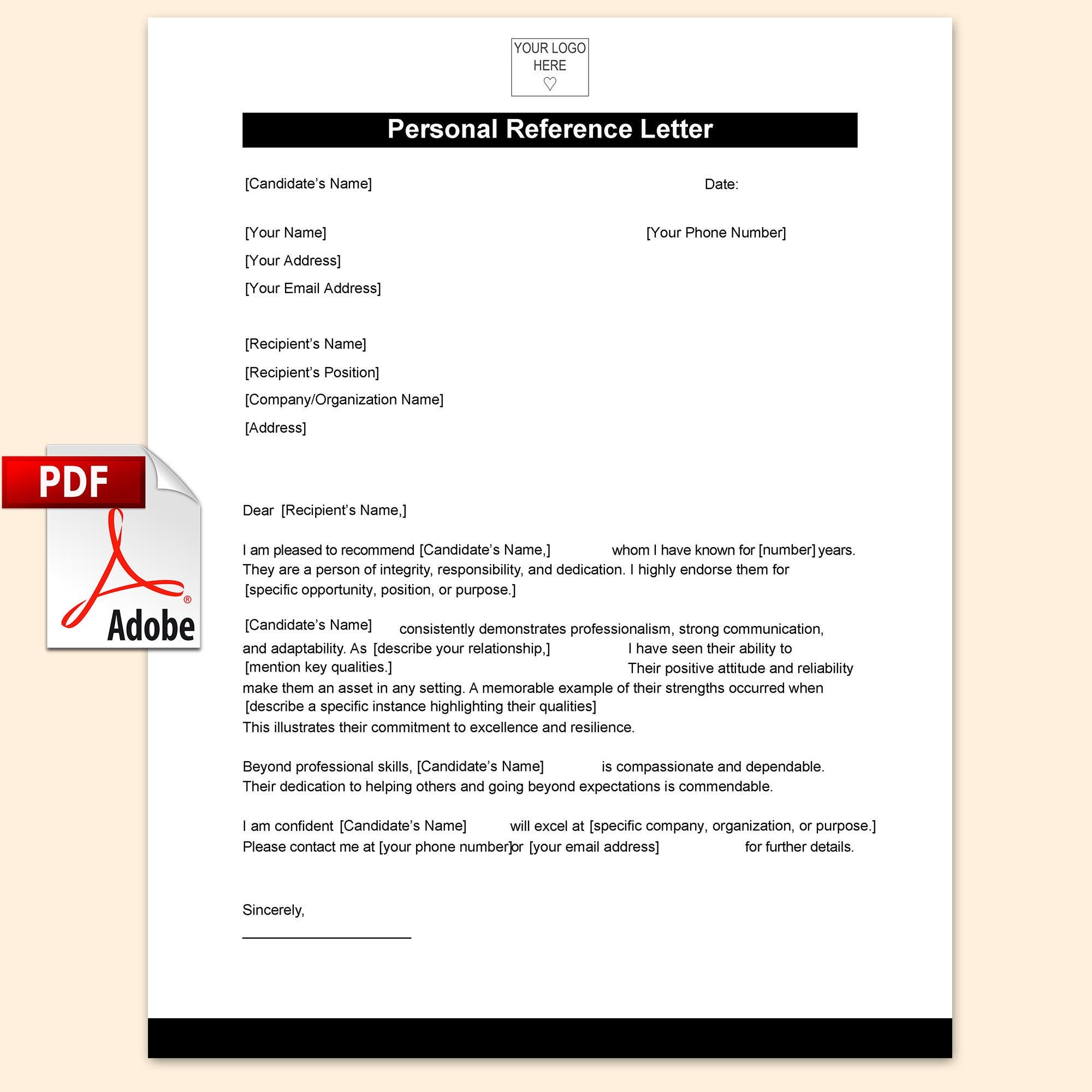 5 Personal Reference Letter Templates PDF Acrobat Document, Digital ...