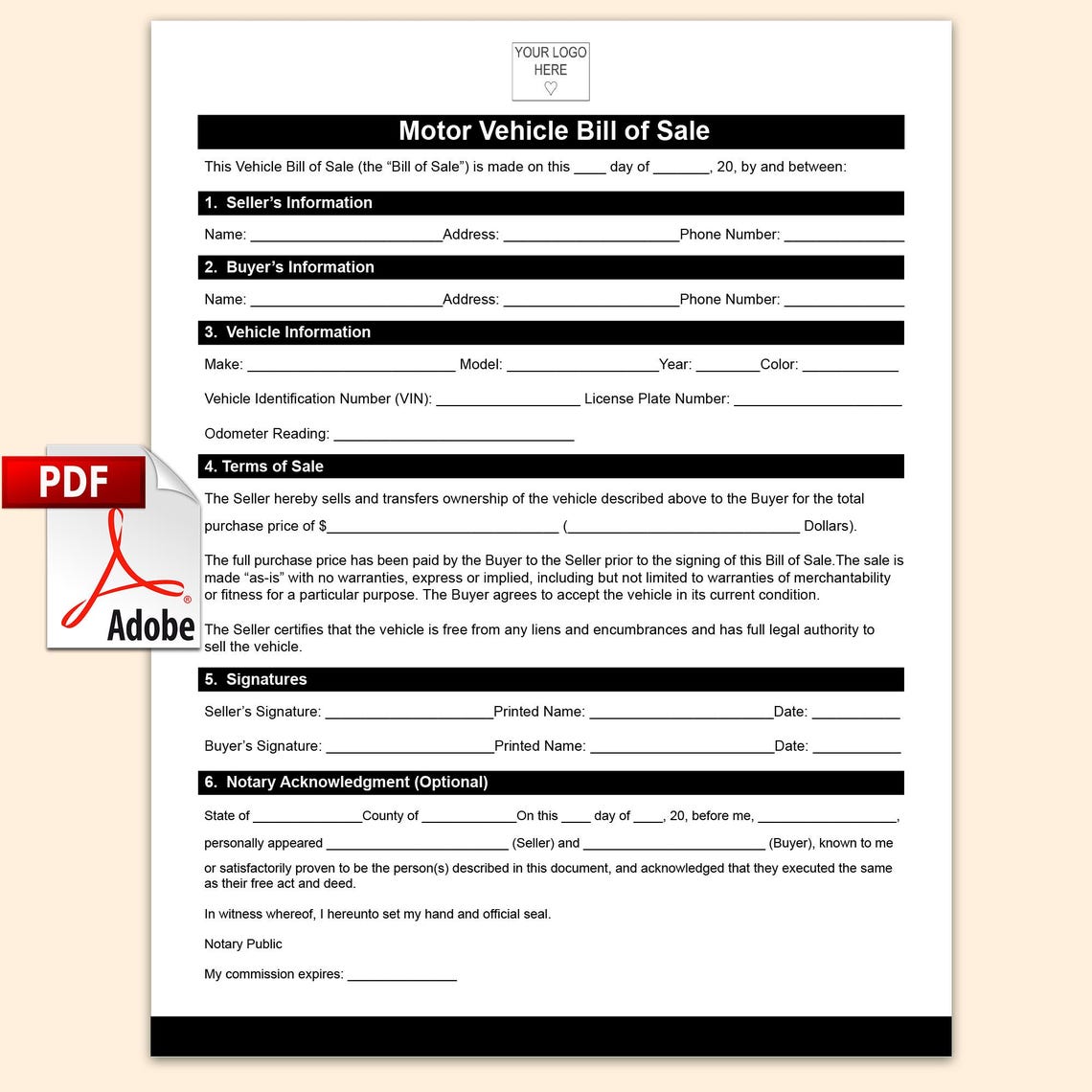 5 Motor Vehicle Bill of Sale Template PDF Acrobat Document, Digital ...