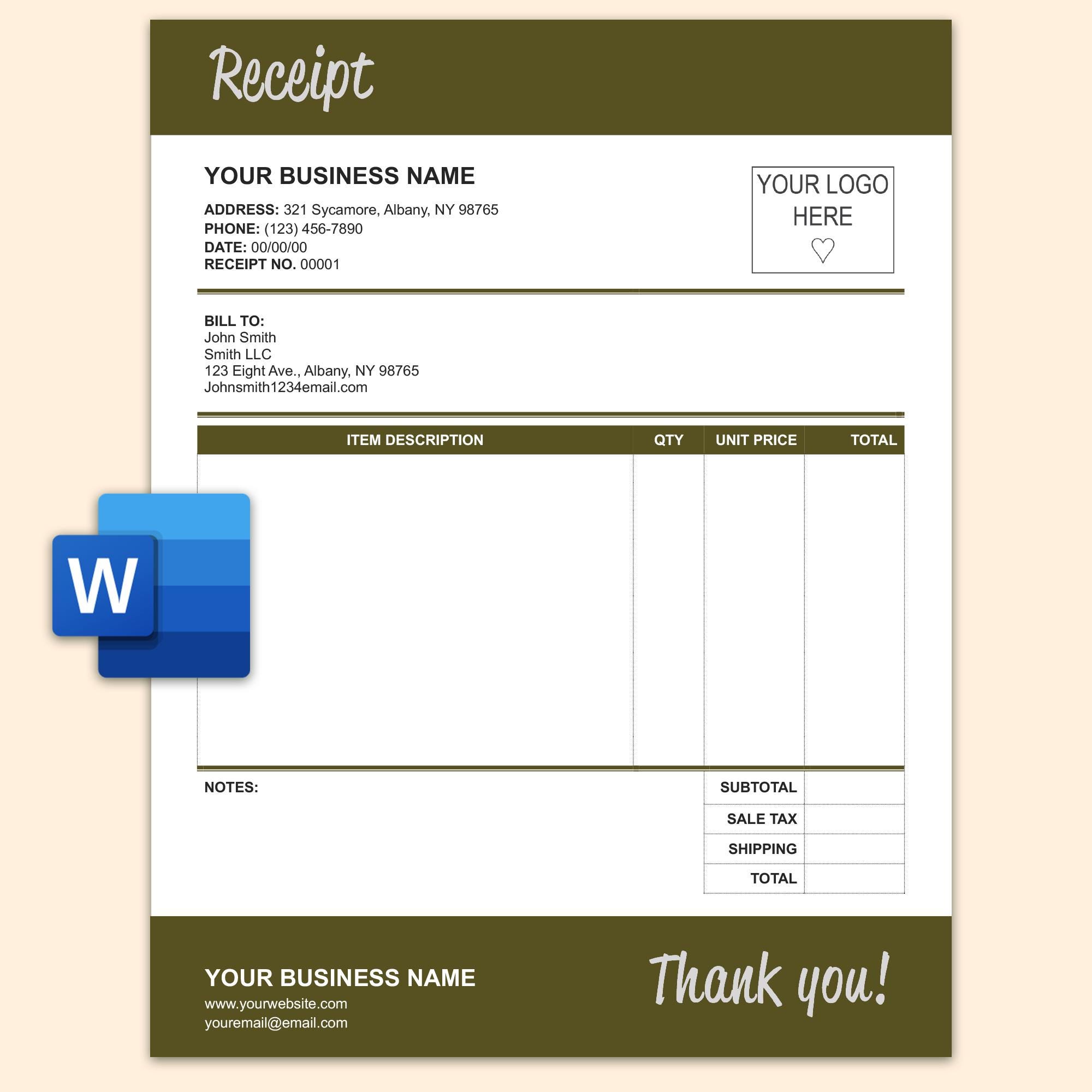Receipts Template Word Document, Business Receipt, Custom Receipt ...