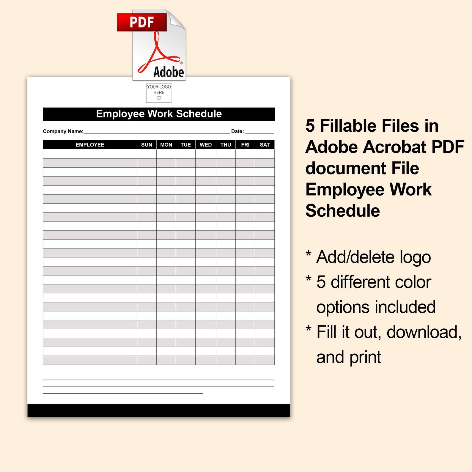 5 Employee Work Schedule Templates, PDF Acrobat Document, Digital ...