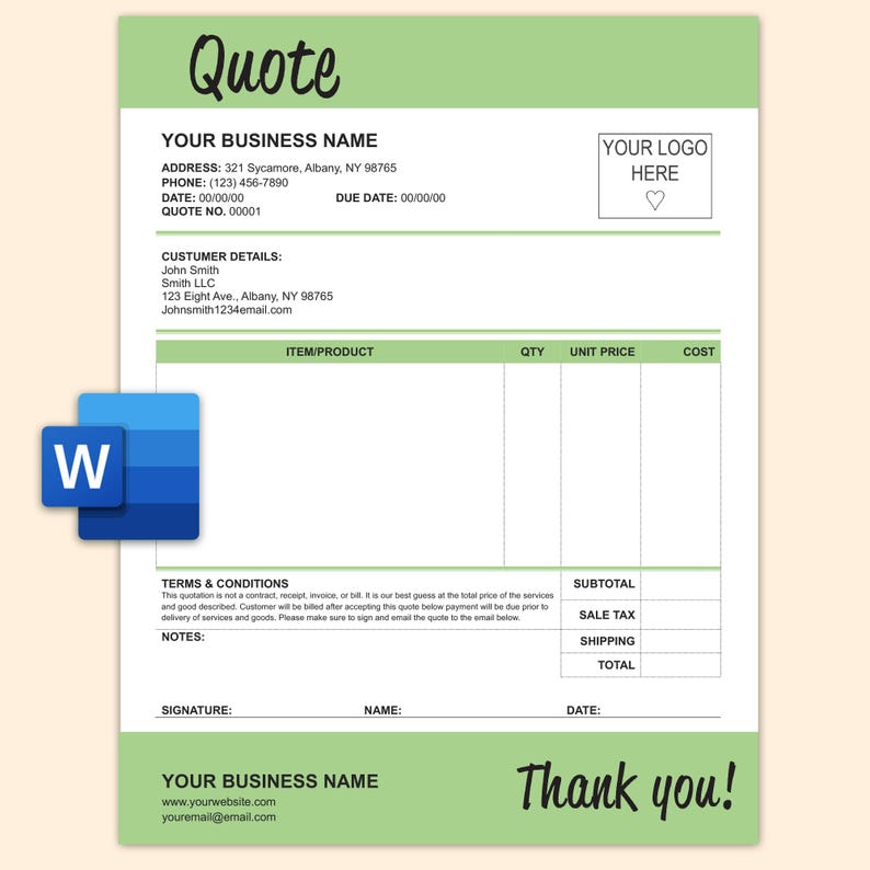 Quote Template Word Document, Business Quote , Custom Quote, Printable ...