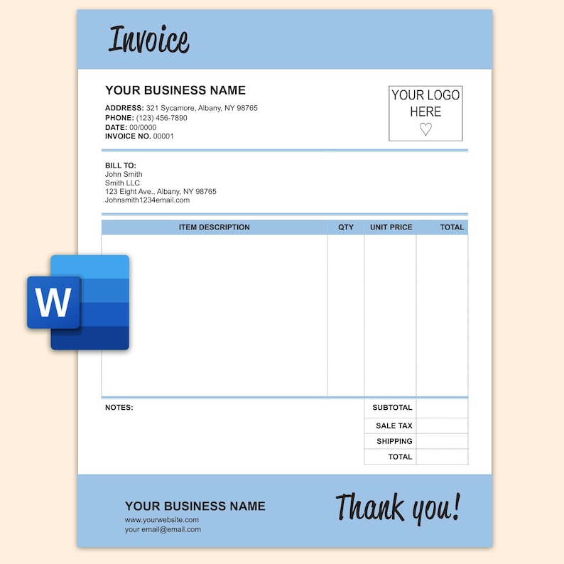 Invoice Template Word Document, Business Invoice, Custom Invoice, Printable Invoice, Invoice ...