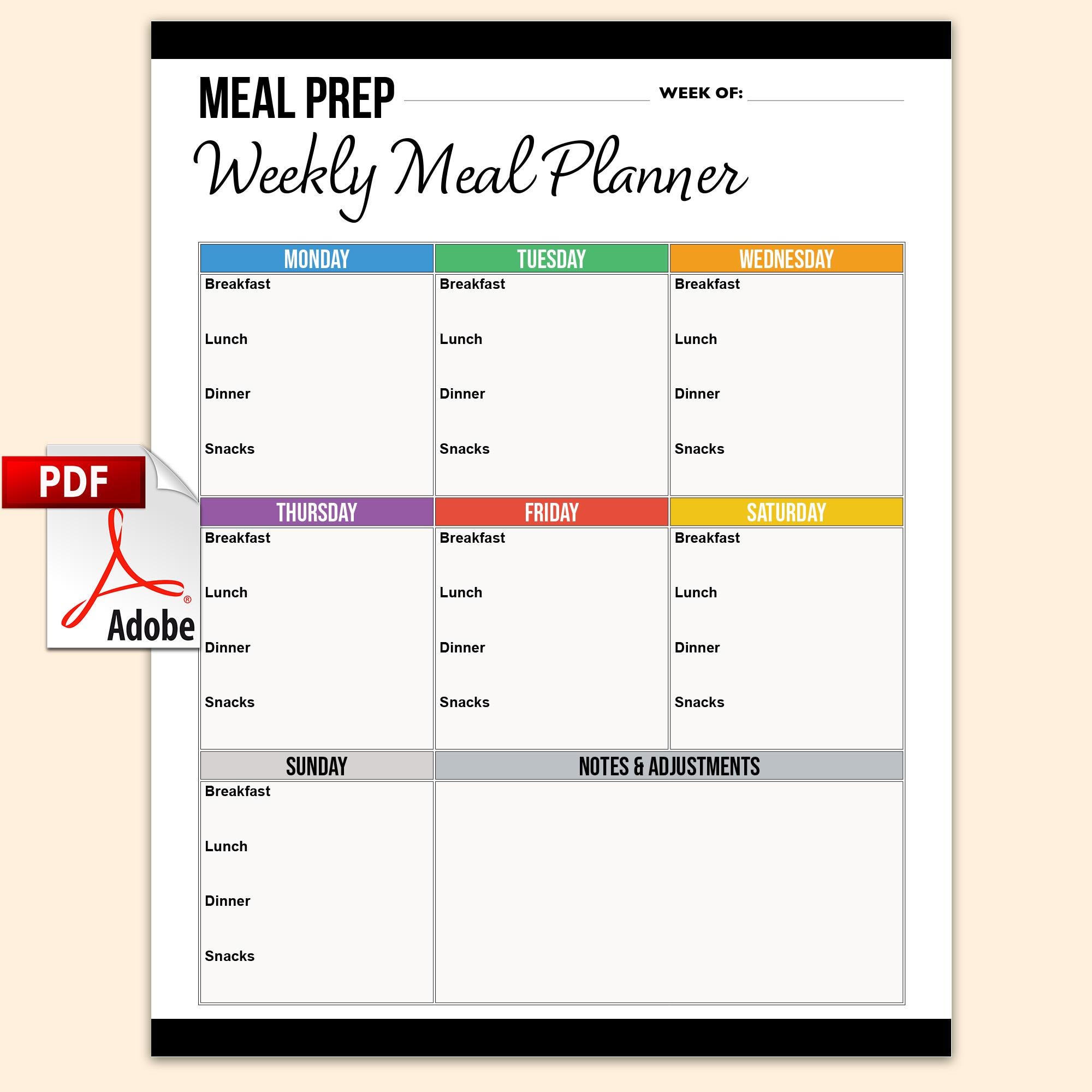 5 Weekly Meal Planner/prep Templates, PDF Acrobat Document, Digital ...