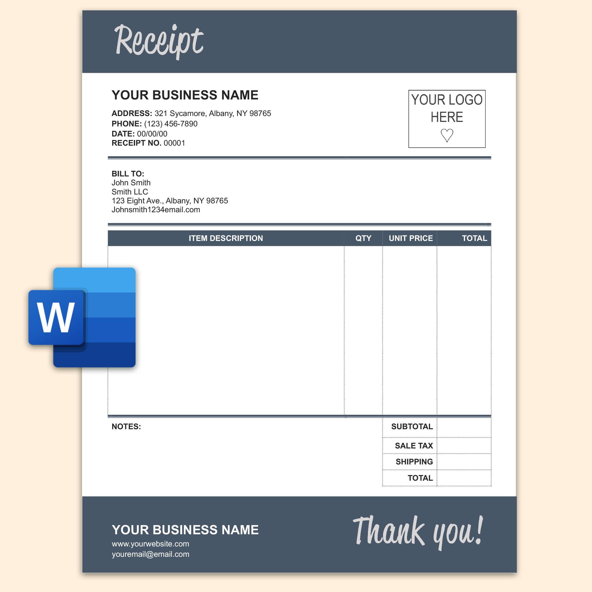 Receipts Template Word Document, Business Receipt, Custom Receipt ...