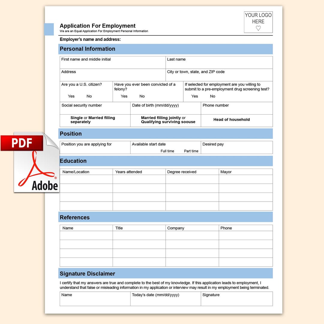 Employment Application Template PDF Document, Small Business, Custom PDF, Digital PDF, Fillable ...