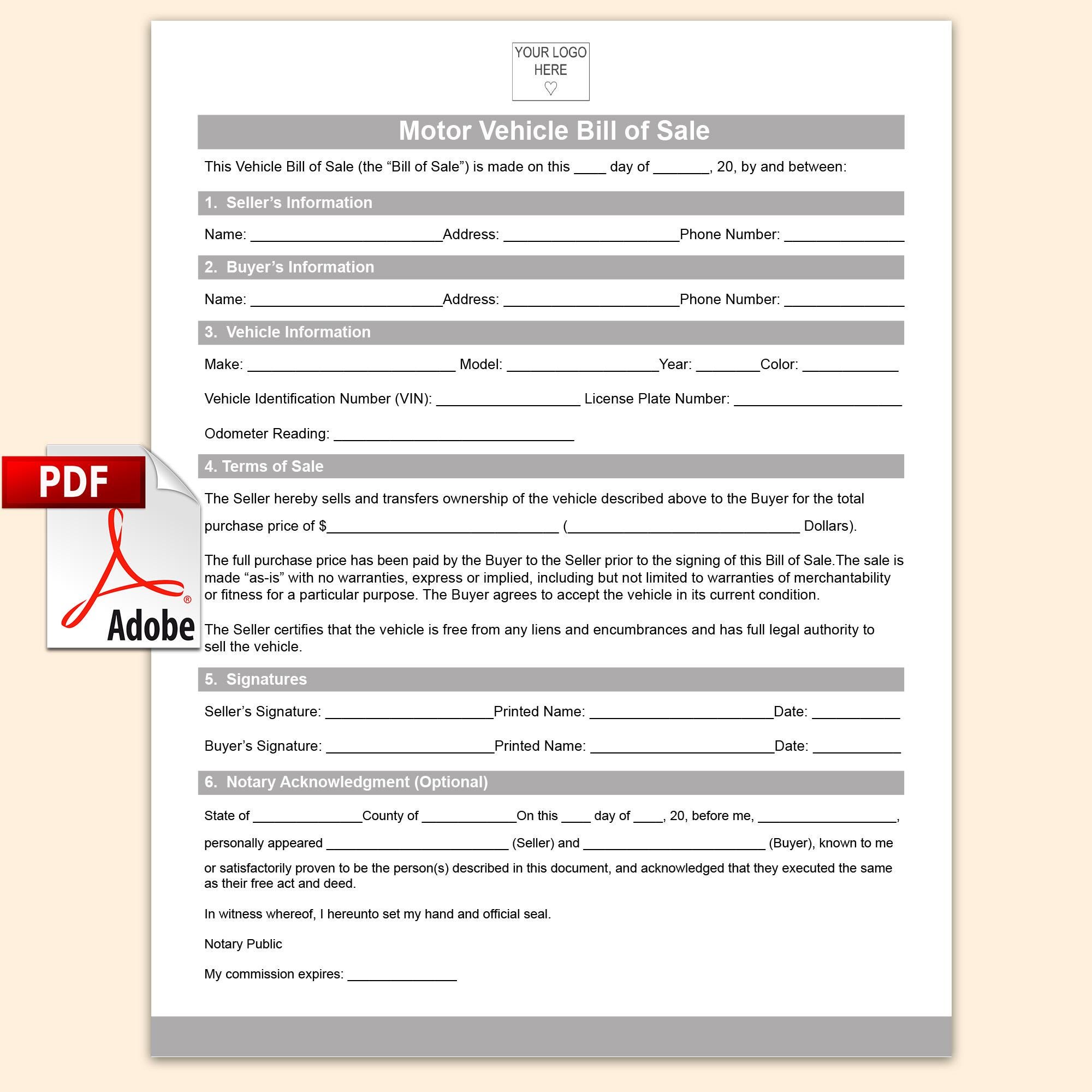 5 Motor Vehicle Bill of Sale Template PDF Acrobat Document, Digital ...