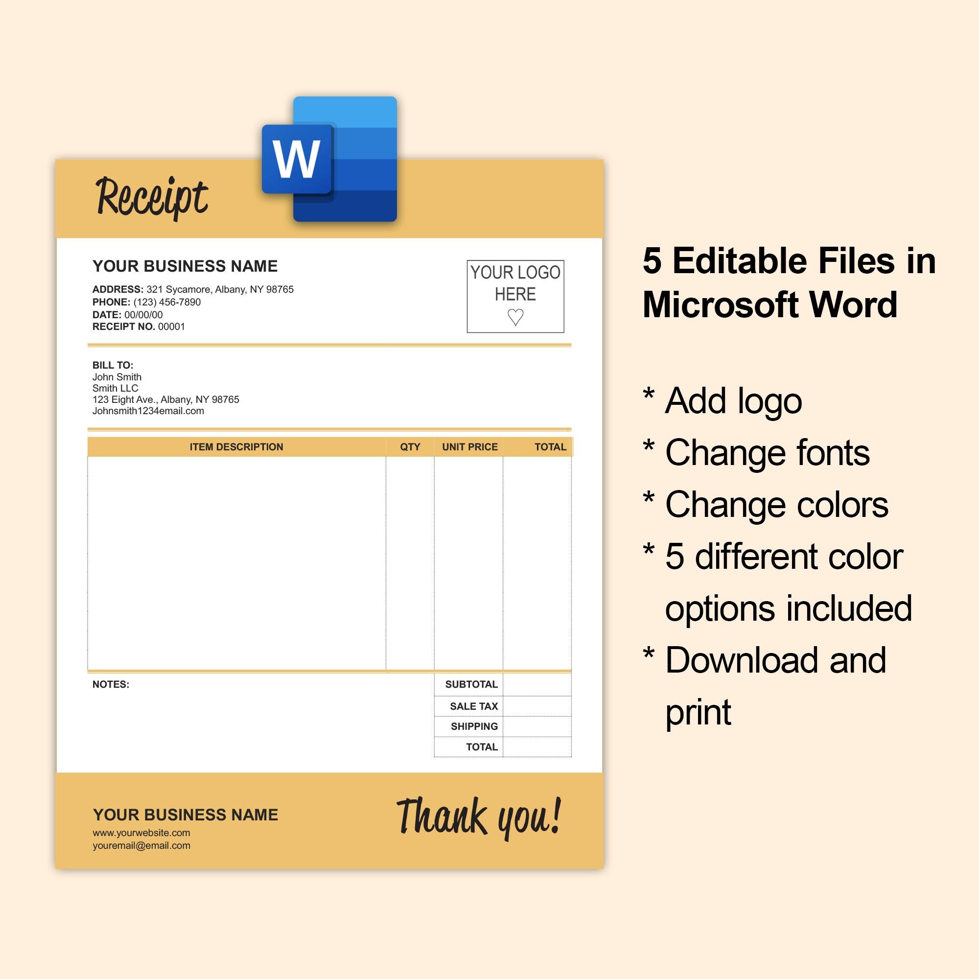 Receipts Template Word Document, Business Receipt, Custom Receipt ...