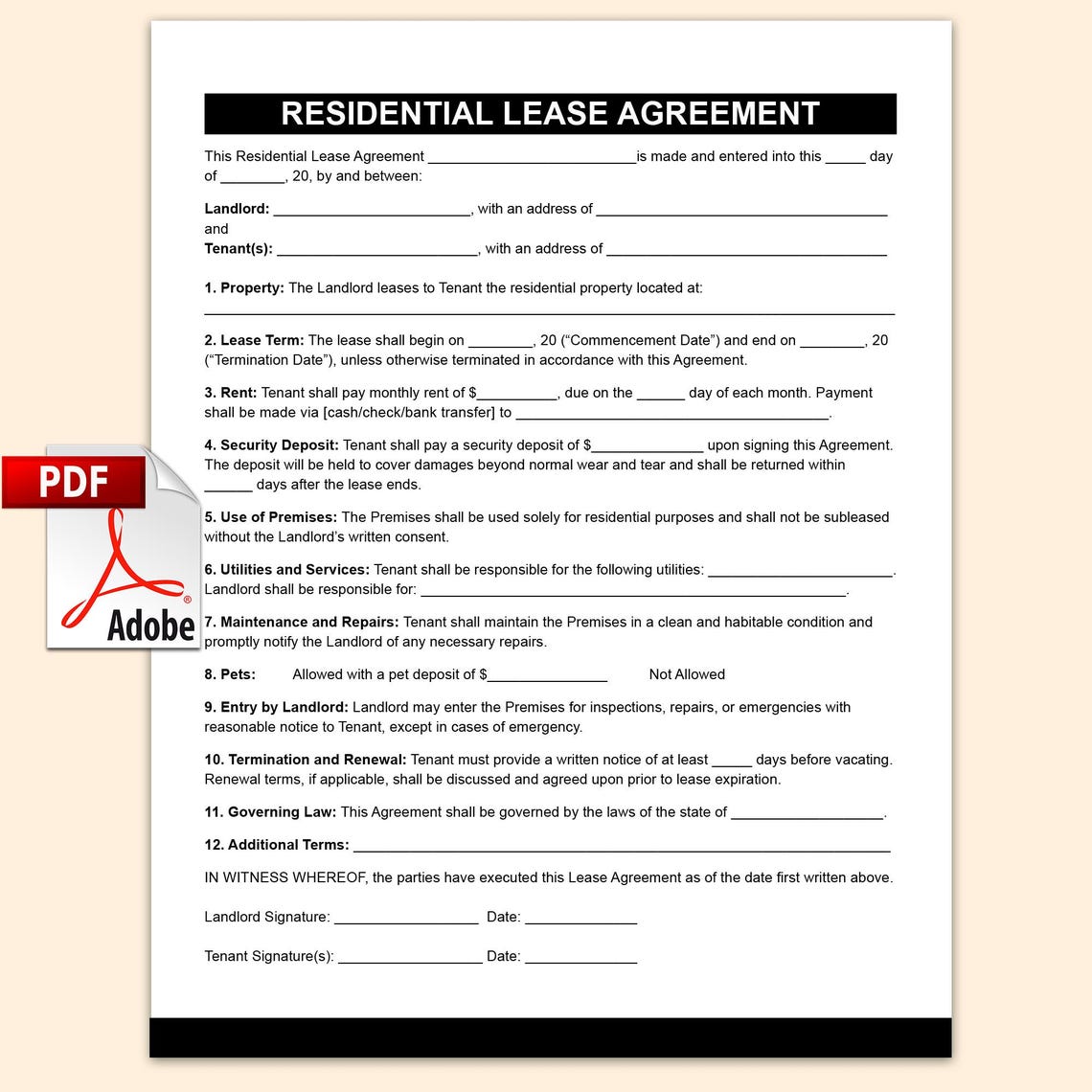5 Residential Lease Agreement Templates, PDF Acrobat Document, Digital ...