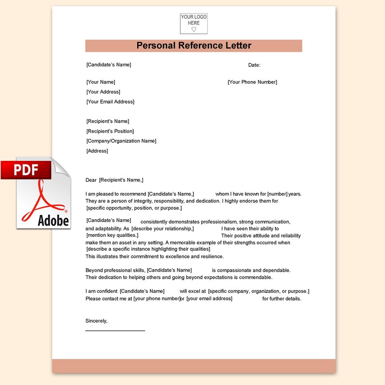5 Personal Reference Letter Templates PDF Acrobat Document, Digital ...