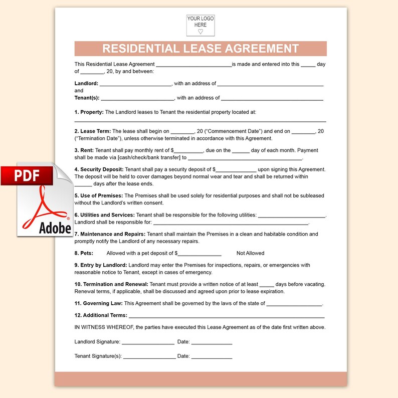 5 Residential Lease Agreement Templates, PDF Acrobat Document, Digital ...