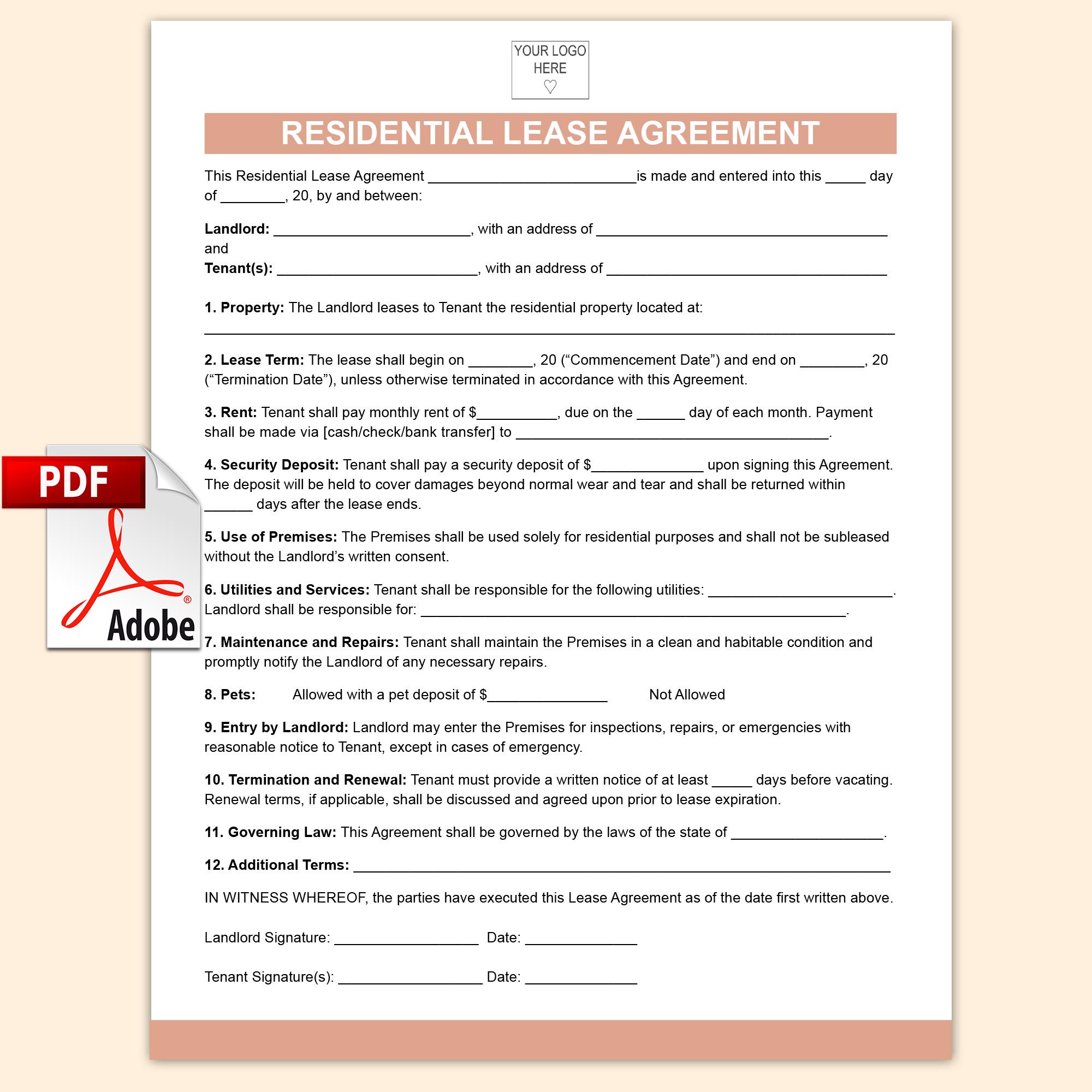 5 Residential Lease Agreement Templates, PDF Acrobat Document, Digital ...
