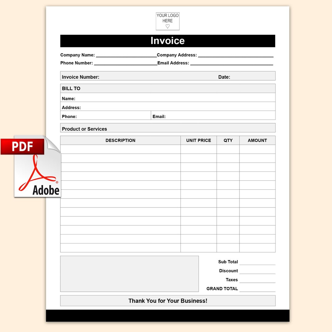 Invoice Template PDF Acrobat Document, Business Invoice, Custom Invoice ...
