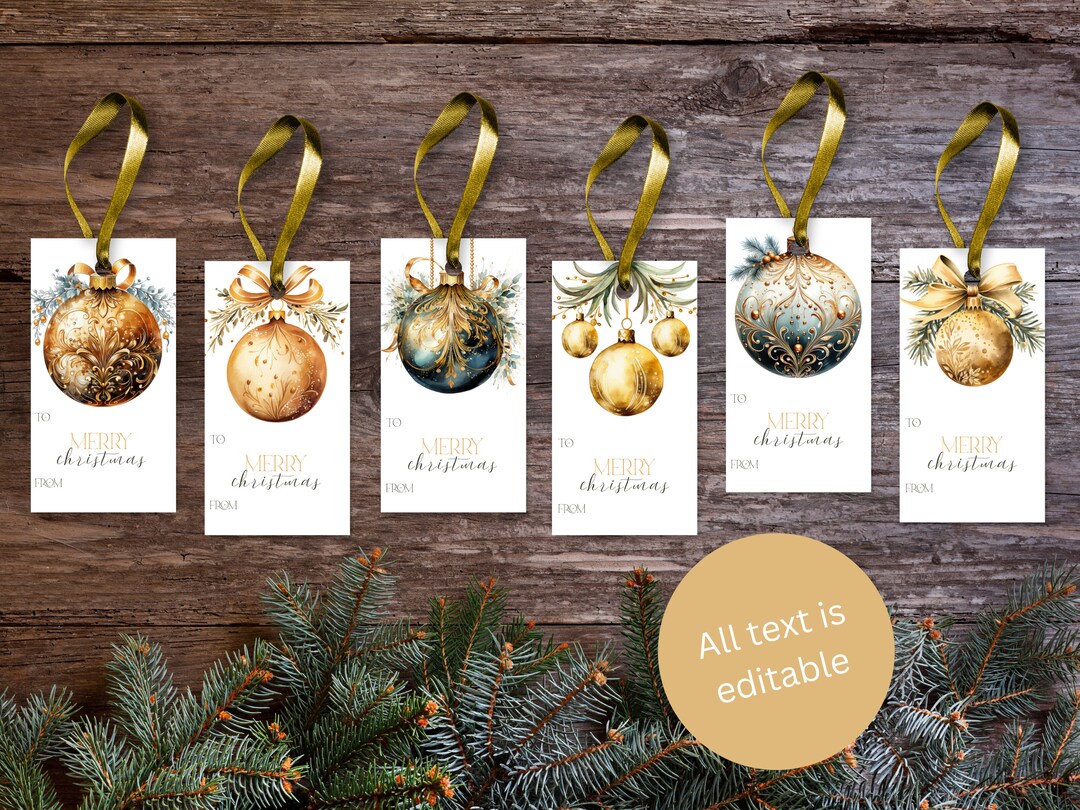 Editable Christmas Gift Tags Set of 6 Gold and Blue Baubles ...
