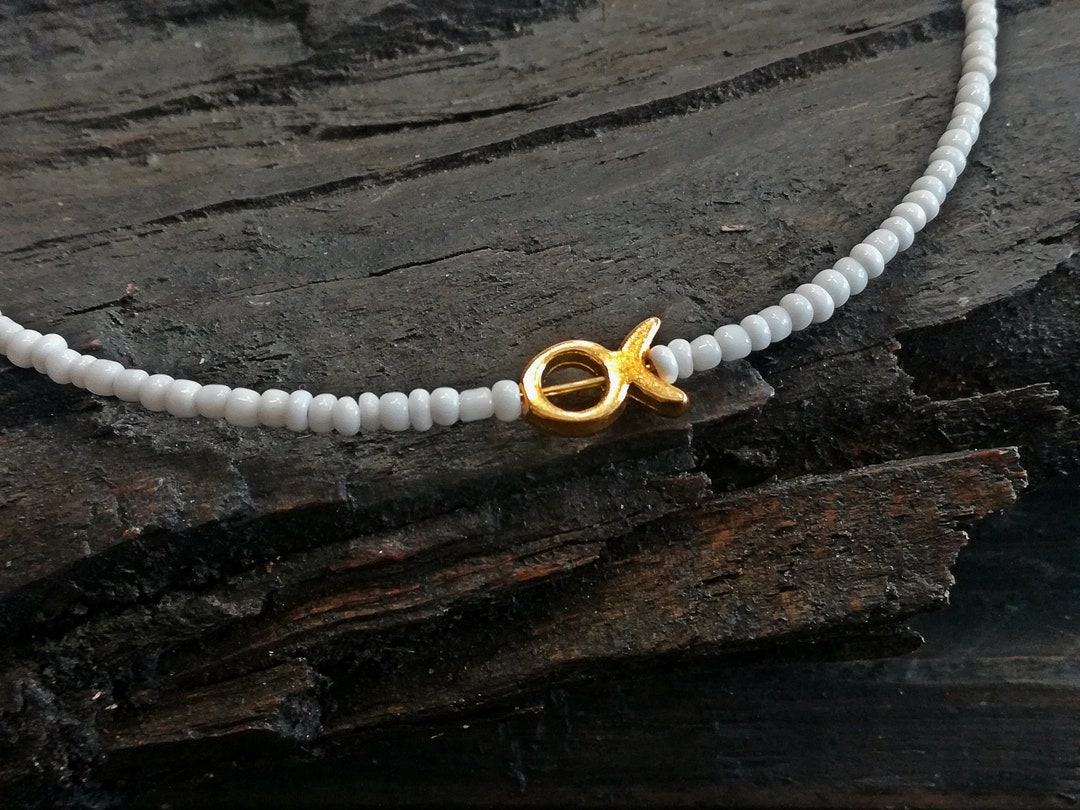 White Beaded Choker, Wedding Choker, Tiny Gold Fish Choker, Minimal ...