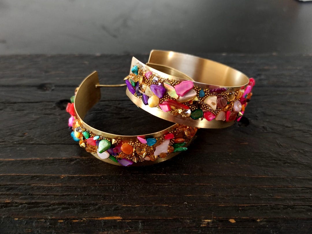 Wide Brass Hoops With Colorful Gemstones, Boho Statement Jewelry, Bold ...