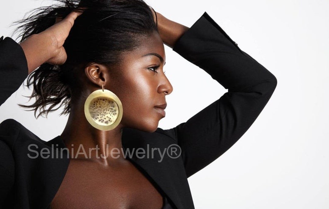 Big African Earrings, Oversize Brass Earrings, Dangle Hoop Earrings ...