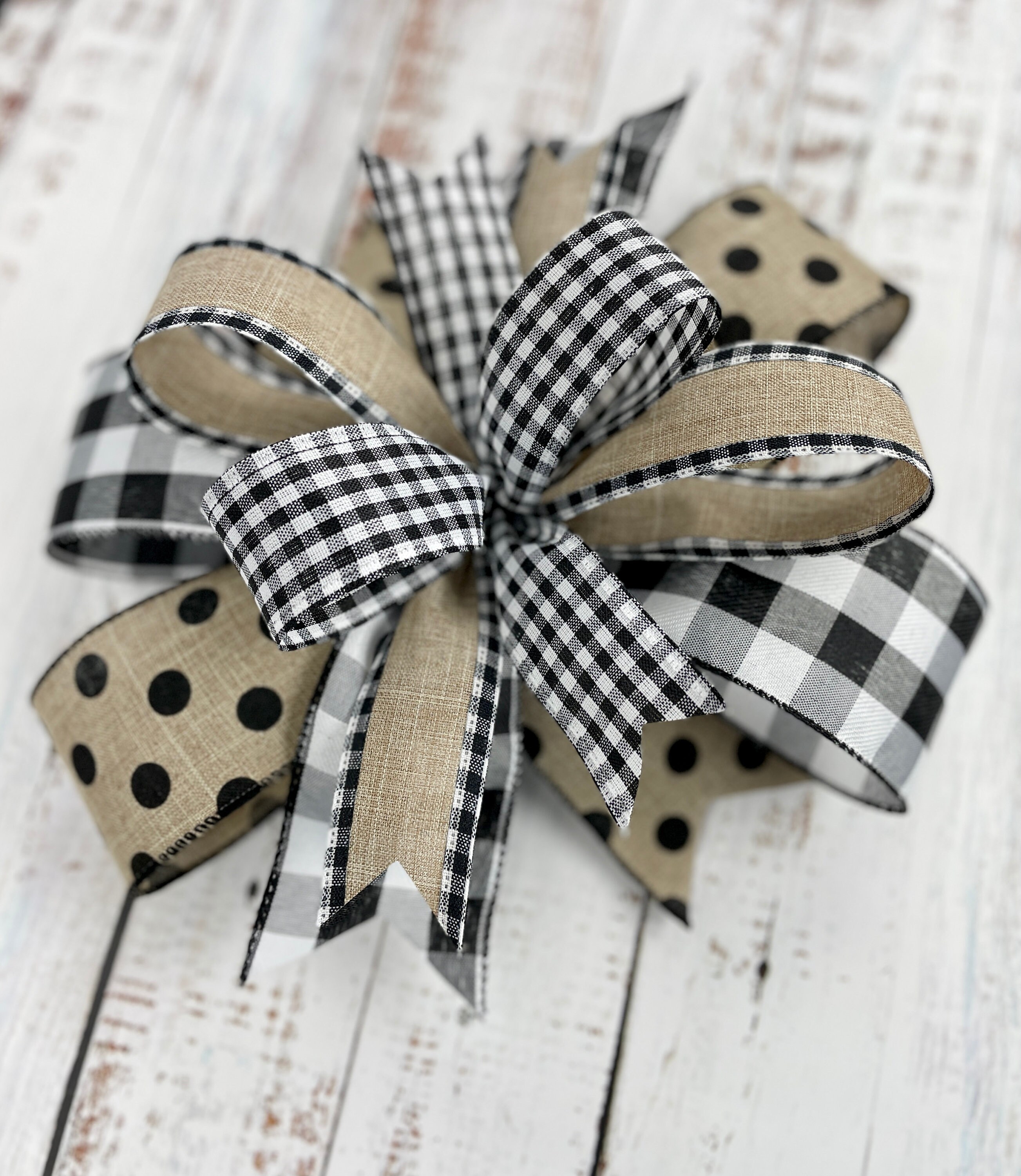 Farmhouse bow black and tan bow polka dot bow summer bow | Etsy