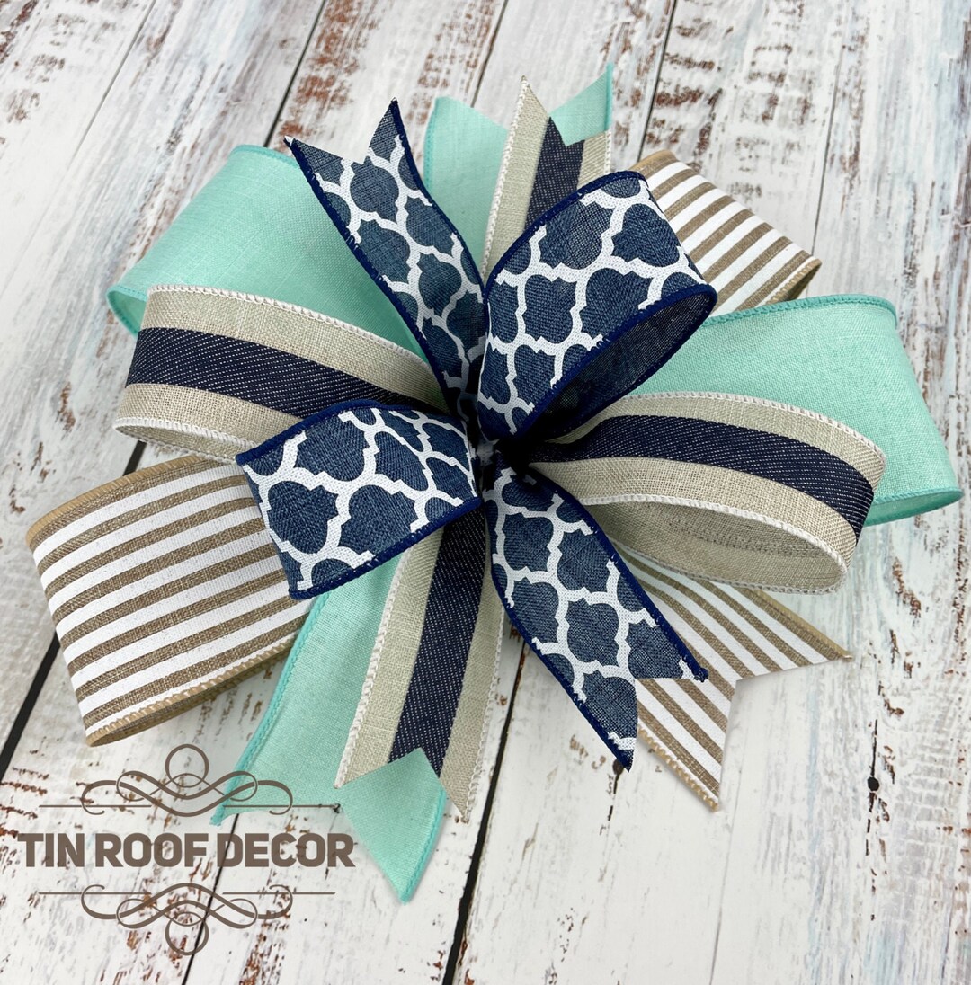 Turquoise and Navy Bow, Spring Bow, Summer Bow, Turquoise and Beige Bow ...