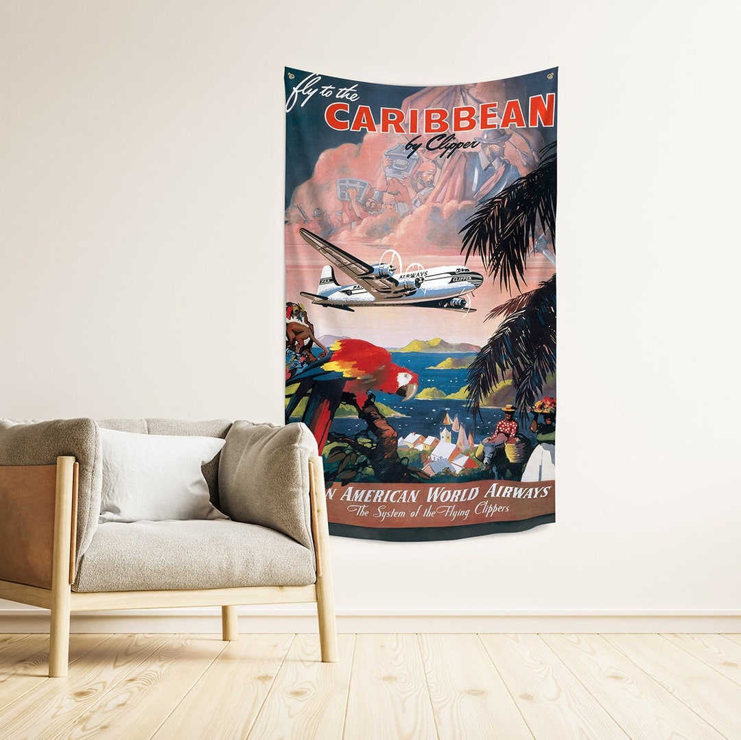 Vintage Caribbean Poster Wall Art Tapestry Fly to the Caribbean by ...