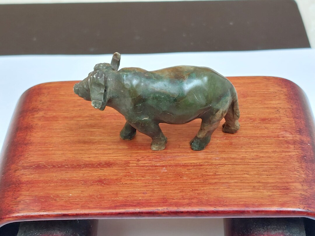 Small Chinese Mottled Green Stone Oxen of Mottled Green a Small ...