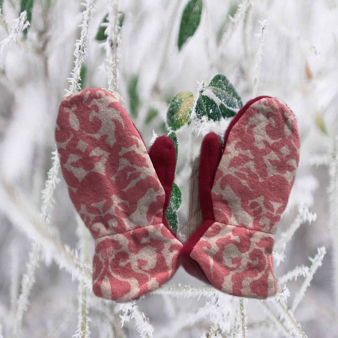Handmade Pink and Red Repurposed Merino Wool and Fleece Line Mittens ...