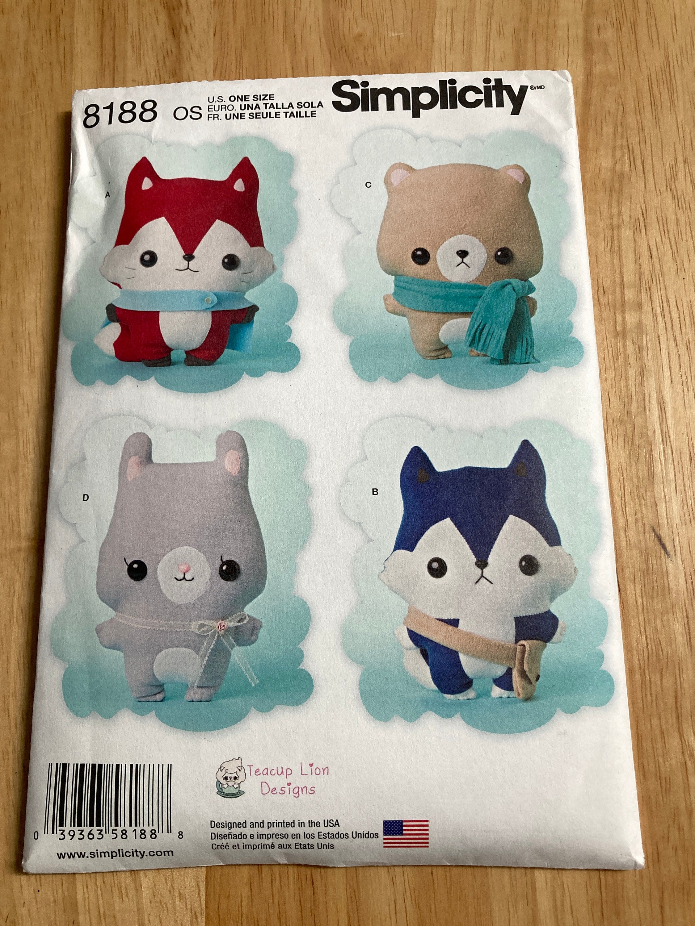 Simplicity 8188 New, Uncut, Factory Folded, Fox, Wolf, Bear, Bunny ...