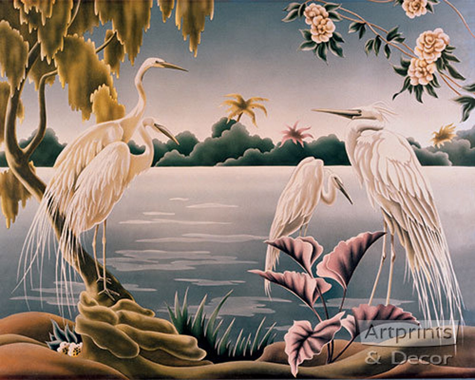 Four White Herons Art Print of Vintage Art Heron Art 20 X 16 Image Size ...