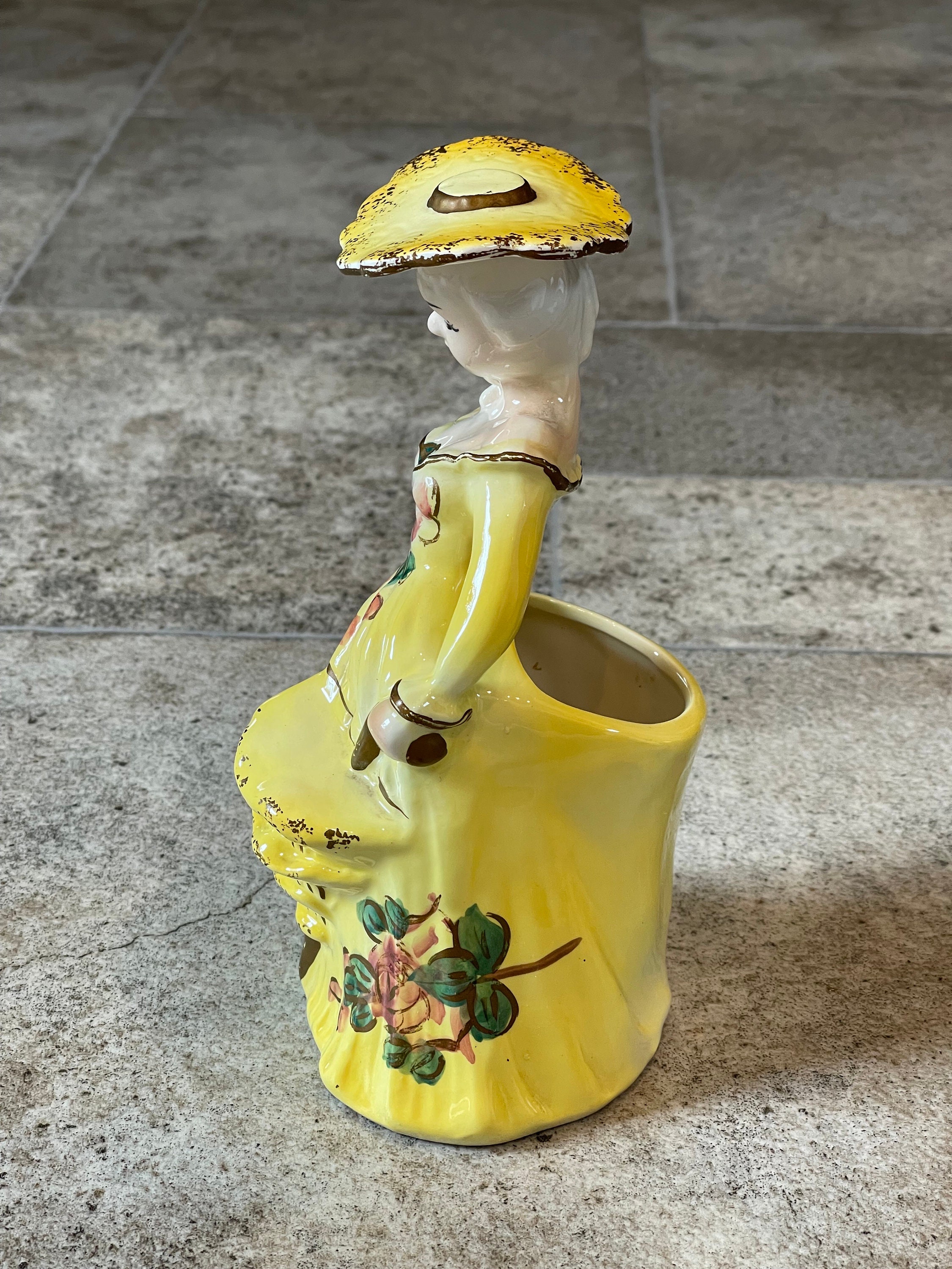 Vintage Ceramic Parasol Lady Planter With Yellow Dress and Hat, Vintage ...