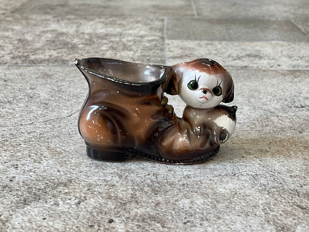 Vintage Japan Ceramic Puppy Dog and Boot Planter, Small Ceramic Puppy ...