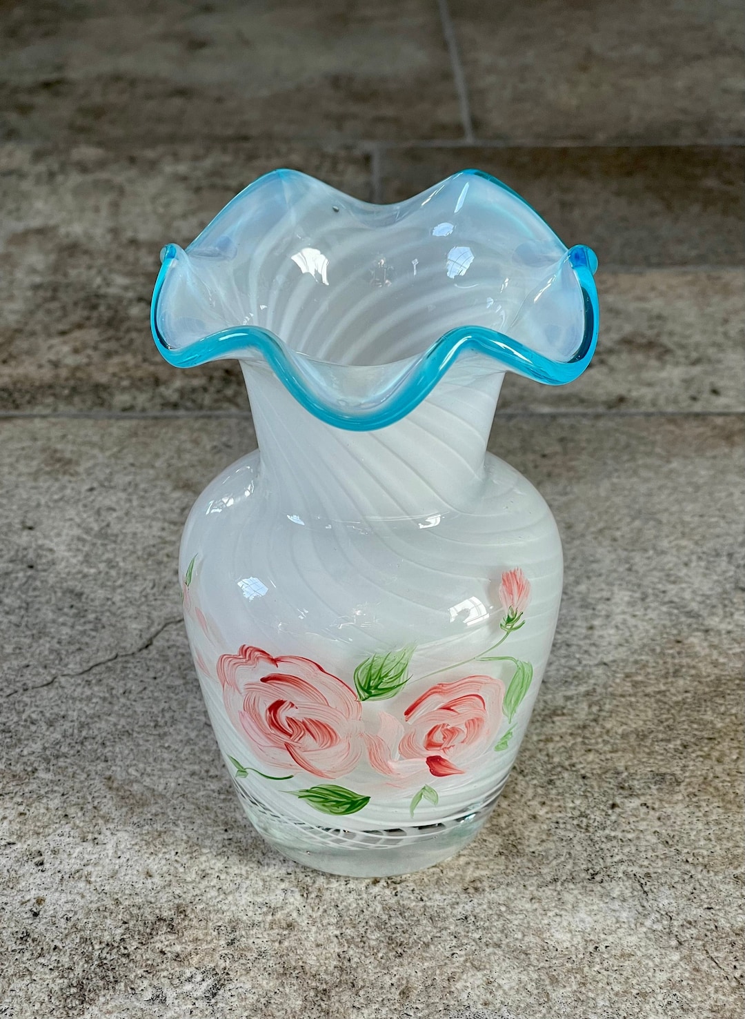 Vintage Fenton Glass Art Floral Vase With Aqua Crest Rim, Vintage ...