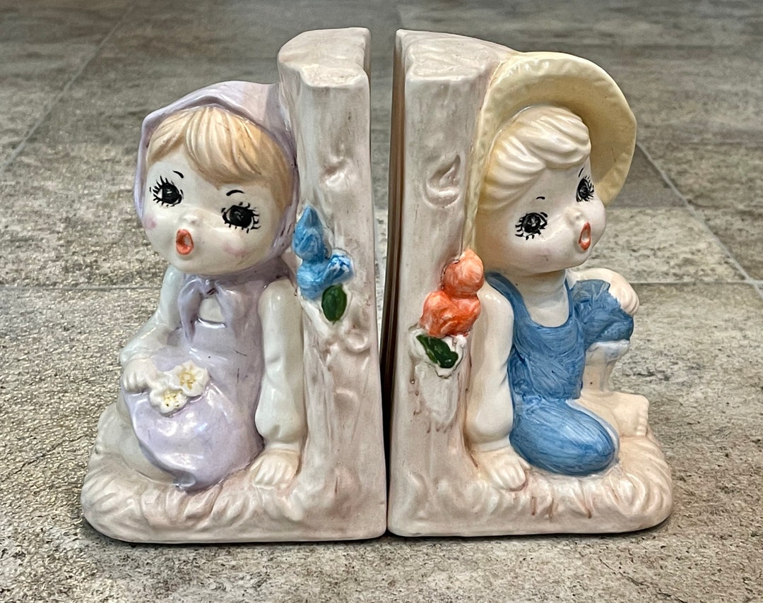 Vintage 1970's Ceramic Country Boy and Girl Bookends, 1970's Ceramic ...