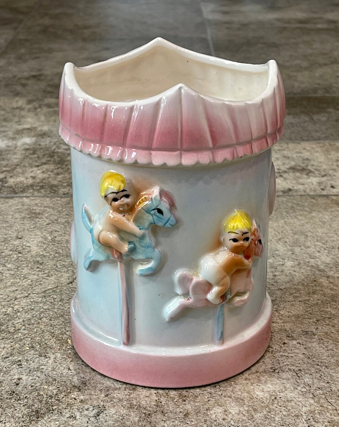 Vintage Pink and Blue Baby Shower Windup Music Box Planter, Vintage ...