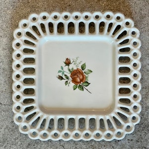 Vintage Ceramic Red Rose Plates With Reticulated Edges, Square Red Rose ...