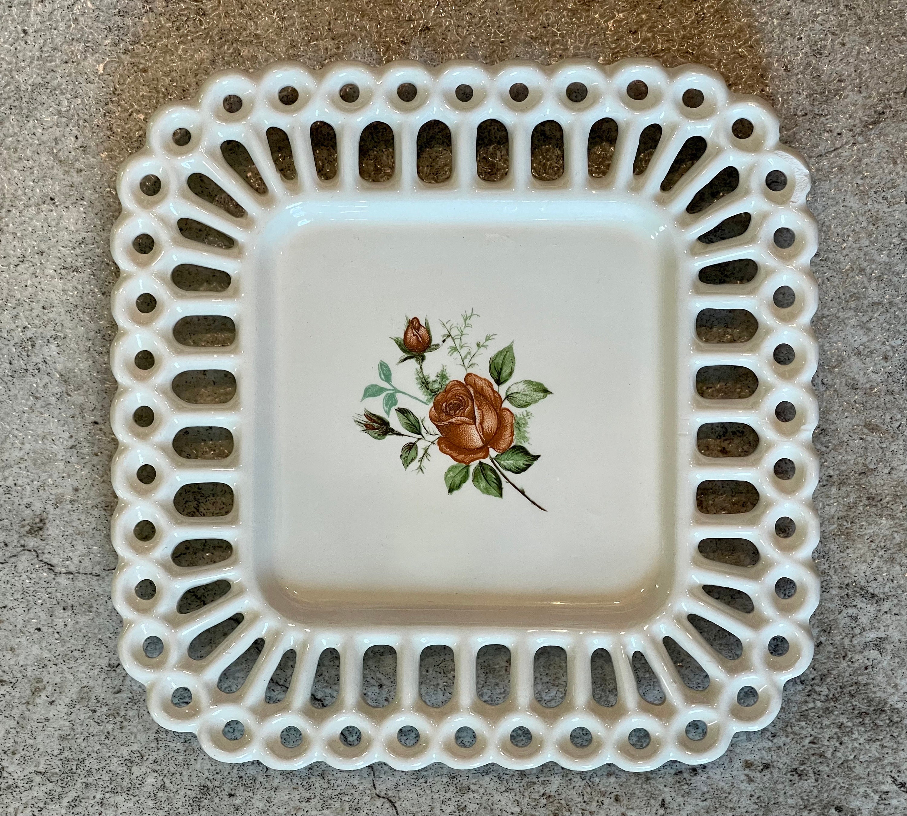 Vintage Ceramic Red Rose Plates With Reticulated Edges, Square Red Rose ...