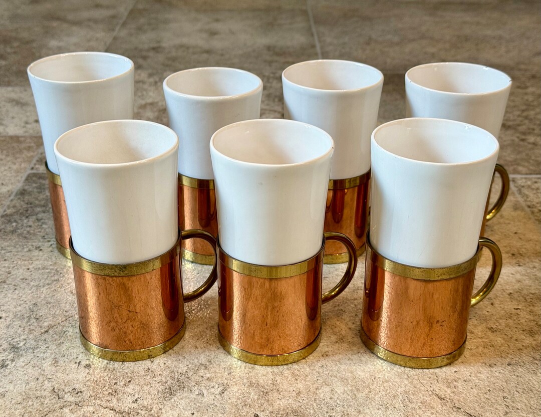 Seven Vintage Ceramic Copper and Brass Coffee Mugs, Vintage Brass and ...