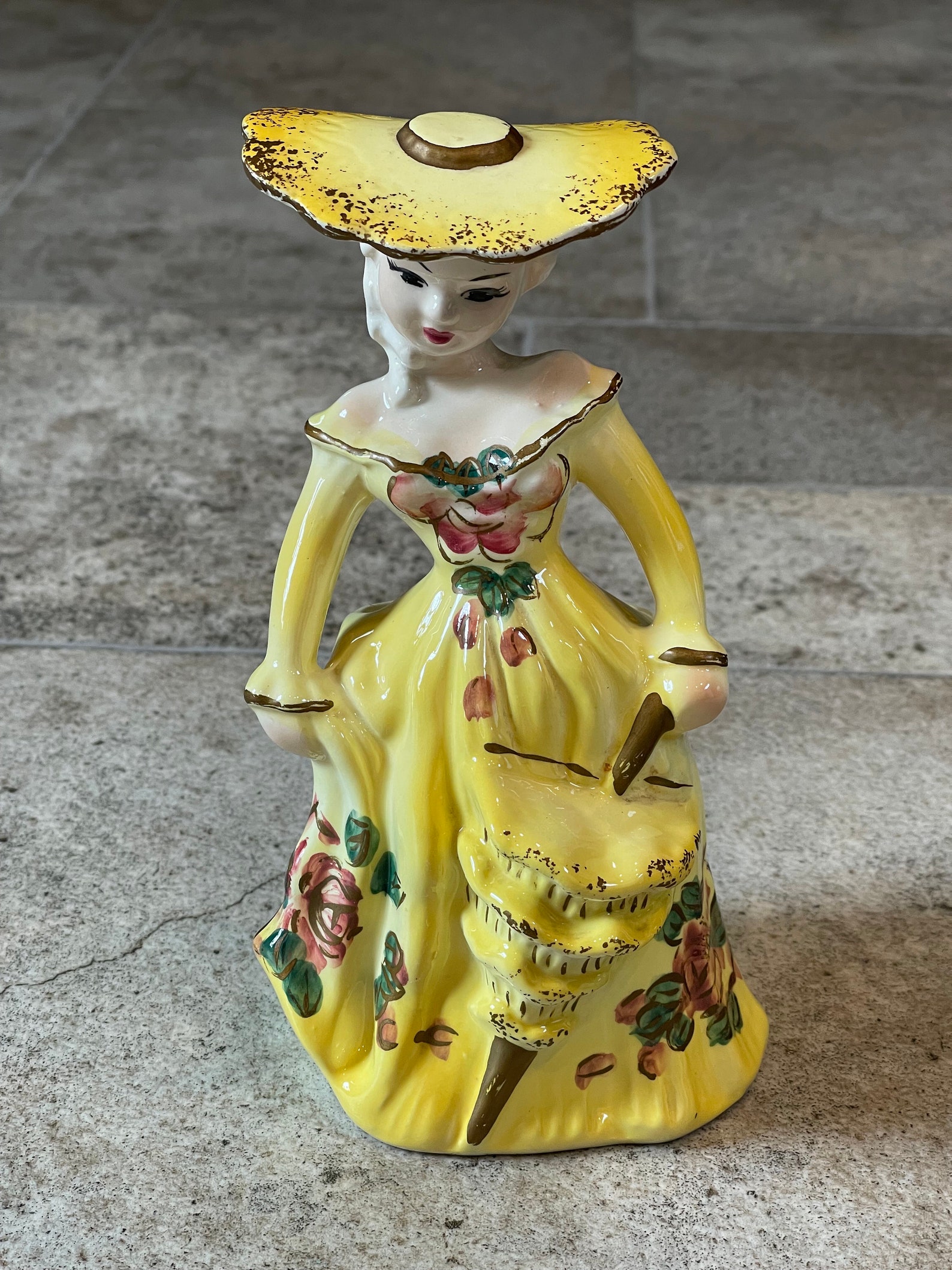 Vintage Ceramic Parasol Lady Planter With Yellow Dress and Hat, Vintage ...