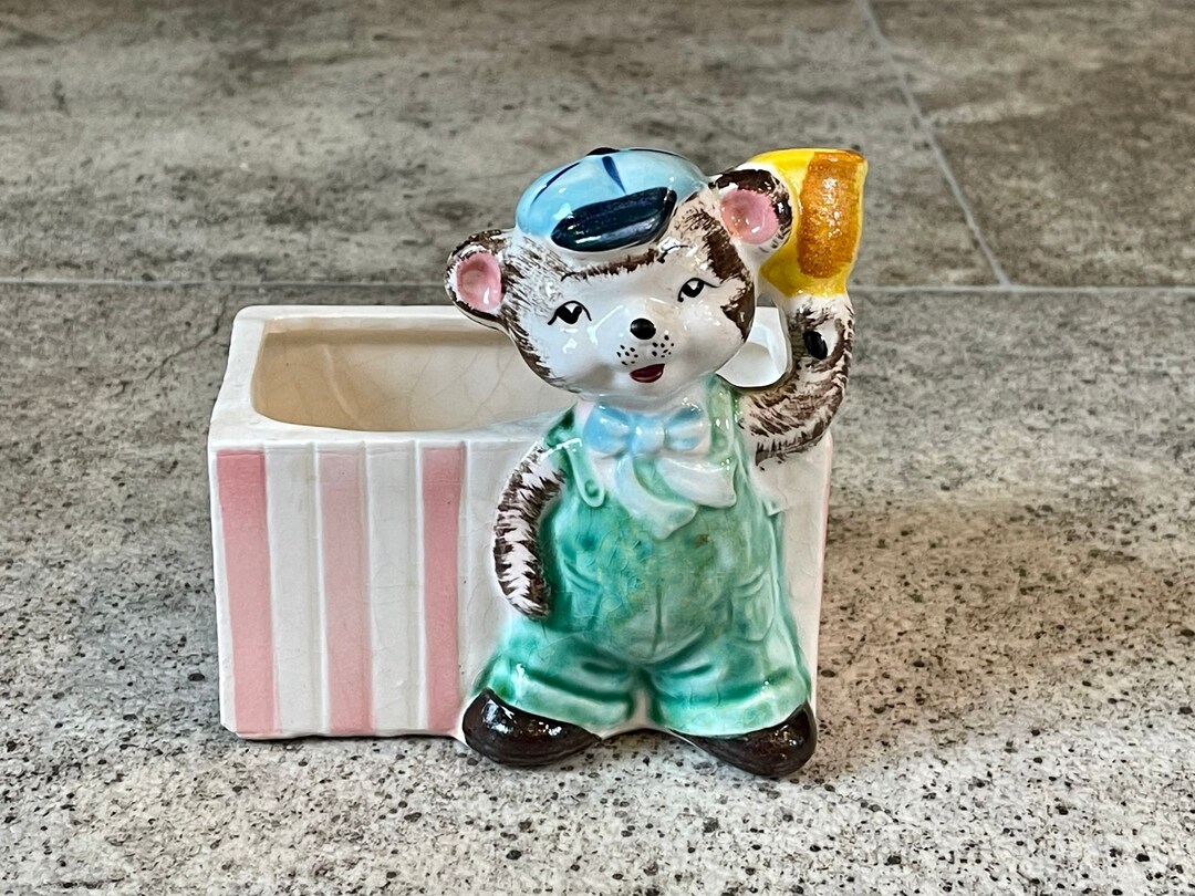 Vintage Ceramic Bear Ringing a Bell Indoor Planter, Old Ceramic Planter ...