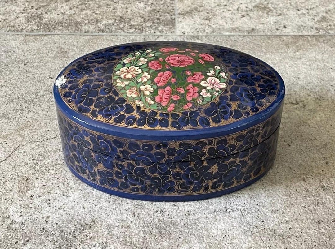 Vintage Lacquer Kashmir Hand Painted Paper Mache Trinket Box, Vintage ...